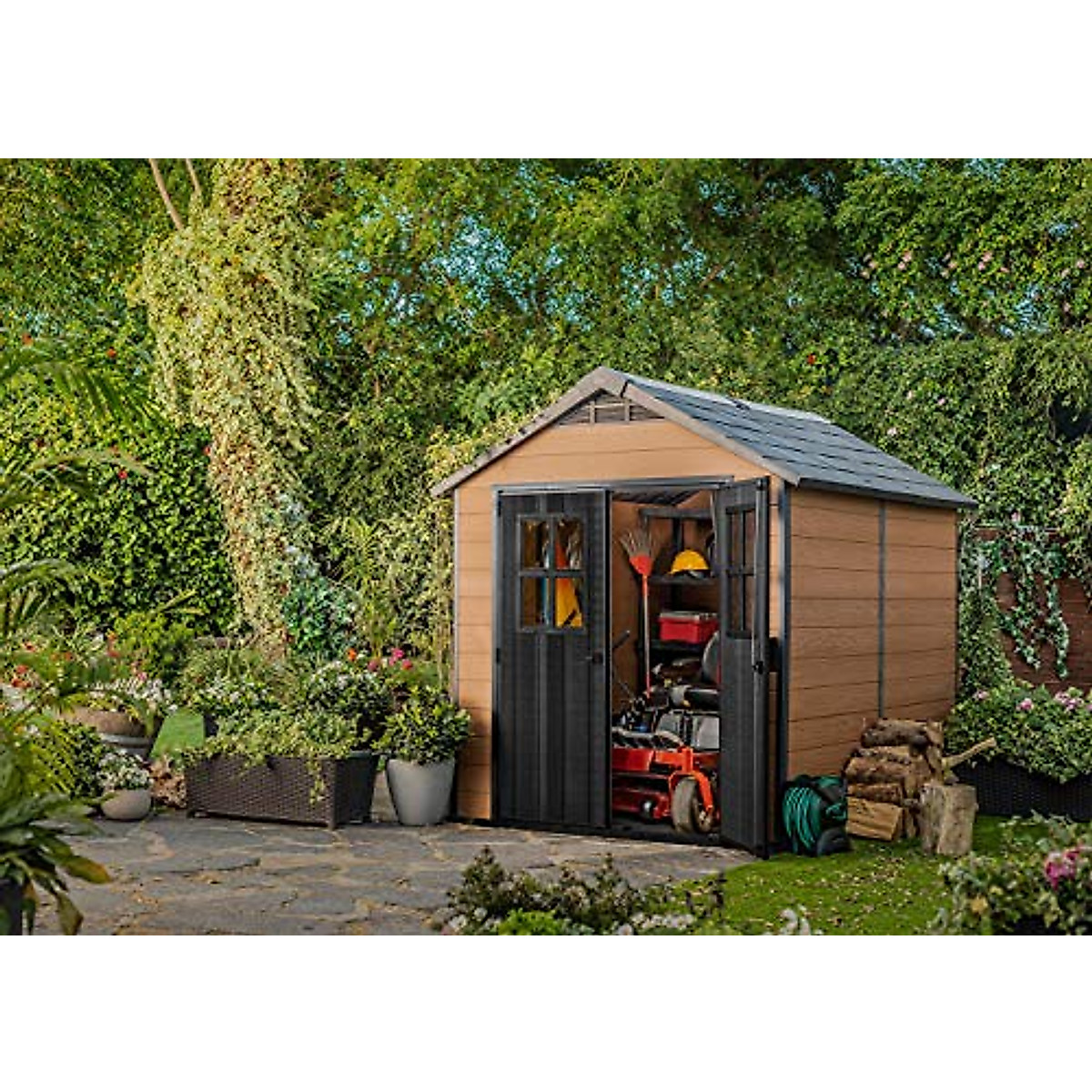 Keter Newton 7.5x9 Large Resin Outdoor Storage Shed Kit – Perfect to Store Patio Furniture, Garden Tools, Bike Accessories, and Lawn Mower, Mahogany Brown
