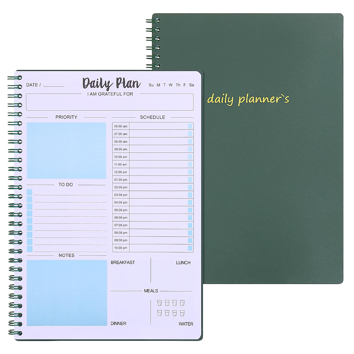 SeQeS Undated Daily Planner Notebook - Hourly Schedule, To-Do Lists, Meal Planning, and More - Perfect for Men and Women On-the-Go - 120 Pages (7x10")" (Green)