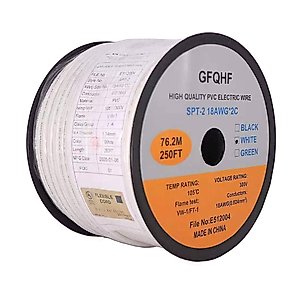 GFQHF 250FT White SPT-2 Zip Cord Wire 18/2 Extension Electrical Cable, UL Listed 18 Gauge Wire, Work with SPT-2 Vampire Plug