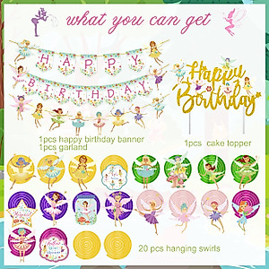 22Pcs Flower Fairy Birthday Decorations Garden Fairy Hanging Swirls Happy Birthday Banner Magical Fairy Cake Topper for Girls Birthday Party Baby Shower Decor