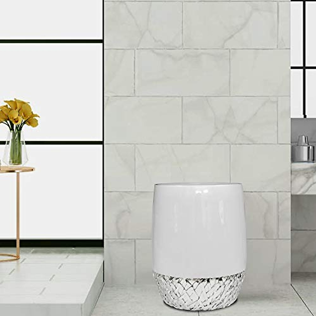 nu steel Bali Bathroom Wastebasket Bin Trash Can in Premium Resin and Chrome for Bathrooms & Vanity Spaces