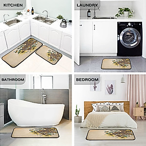 ALAZA Honey Bee Flower Vintage 2 Piece Kitchen Rug Floor Mat Set Runner Rugs Non-Slip for Kitchen Laundry Office 20" x 28" + 20" x 48"