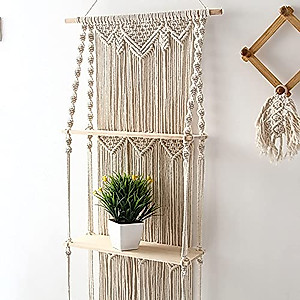ELASAD Macrame Wall Hanging Plant Shelf, 3-Tier Macrame Shelves Boho Bathroom Shelf, Handmade Boho Floating Shelves for Plants and Decor