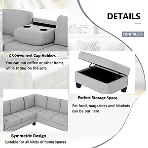 Merax 2 Piece Sectional Corner Sofa, Living Room Modern Velvet Couch Space Saving Cup Holders, L-Shape with Storage Ottoman, Silver Grey