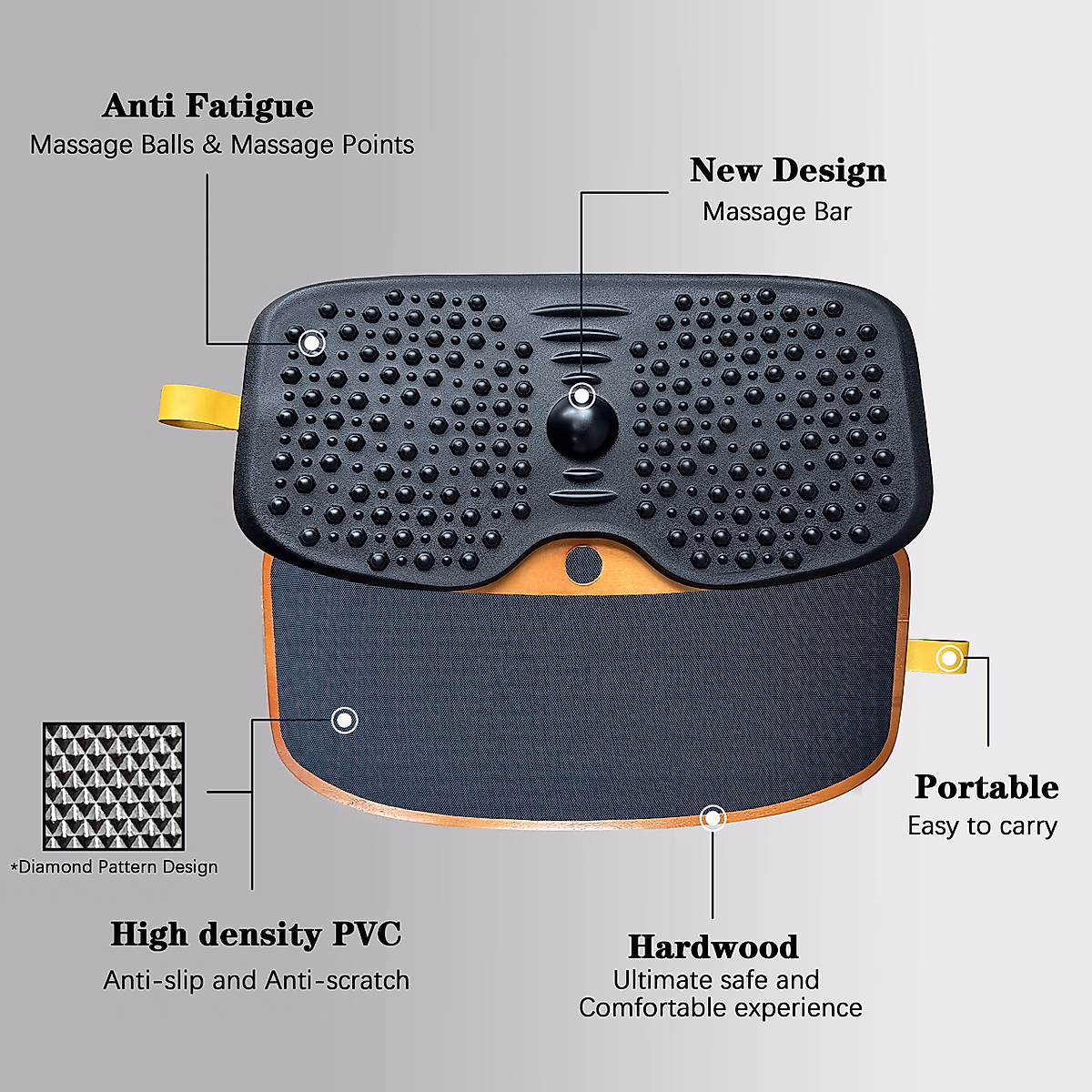 VWINDESK Standing Desk Anti Fatigue Mat Balance Board, Non-Slip Bottom Wooden Wobble Ergonomic Design, Foot Massage for Office Fitness Orange in Black, 24.6'' Large