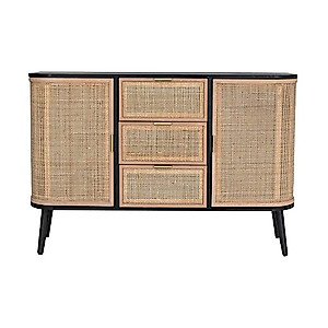 Benjara Dana 47 Inch Wood Sideboard Cabinet, 3 Drawers, Rattan Doors, Modern, Brown and Black