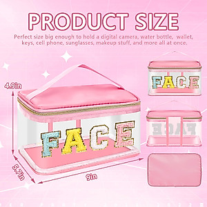 Iqimott Preppy Clear Makeup Cosmetic Bag for Women Travel, Nylon PVC Chenille Glitter Letter Toiletry Storage Tote Bag, Transparent Waterproof Organizer Zipper Pouch with Handle(Face, Pink)