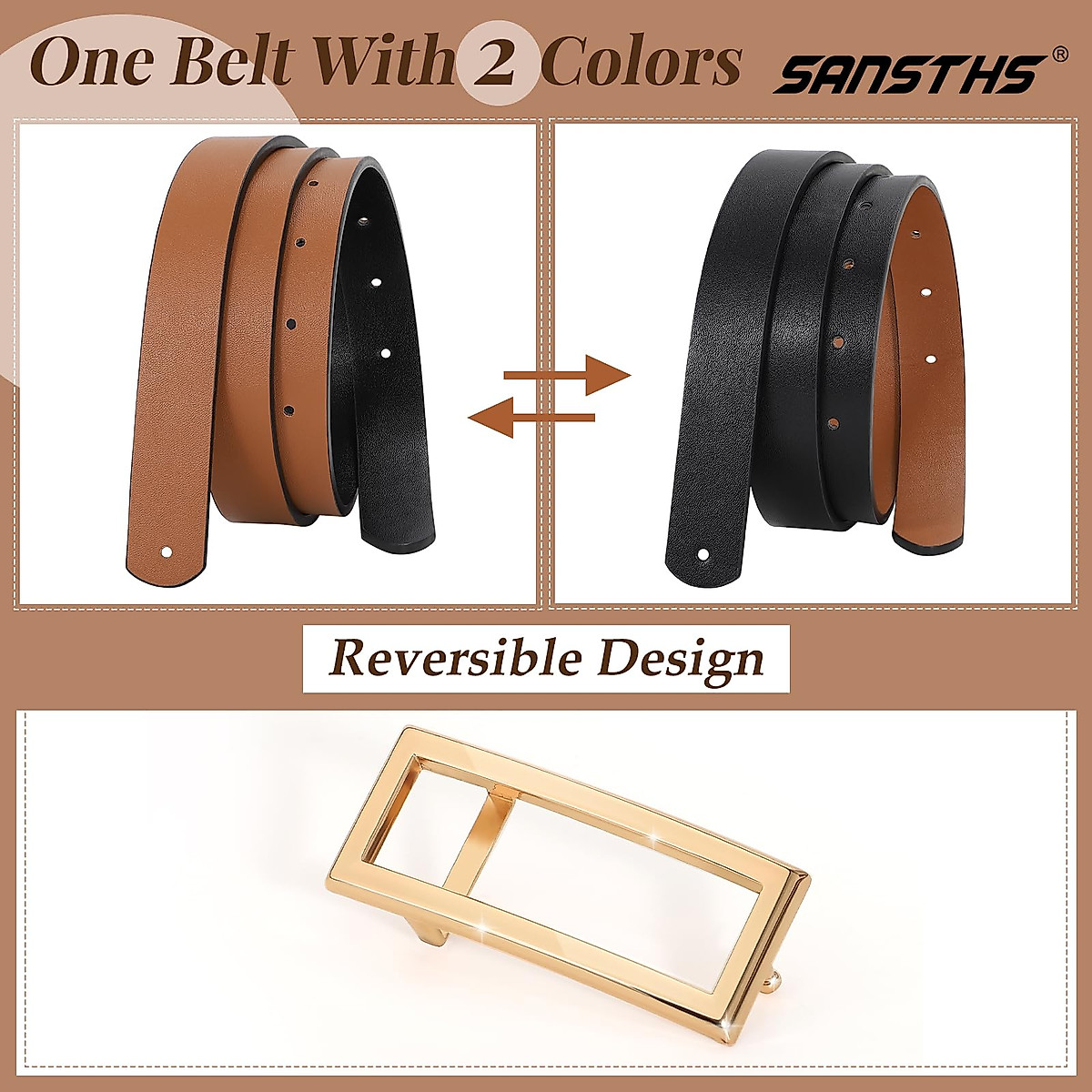 SANSTHS Skinny Reversible Belts for Women, Two-in-one Women Thin Belt for Dresses Jeans Pants with Gold Buckle, Black/Brown S