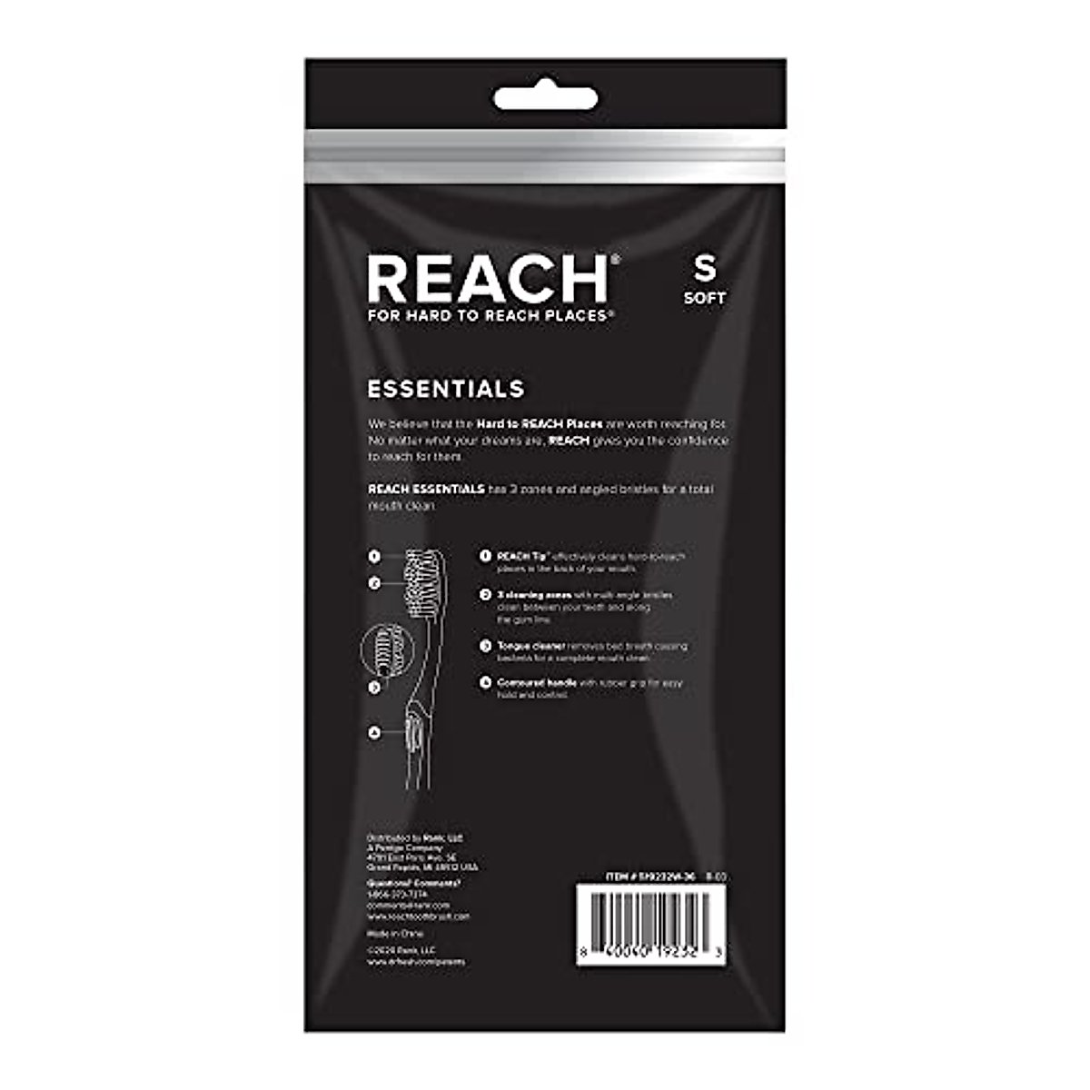 REACH Essentials Toothbrush with Toothbrush Caps, Multi-Zoned Angled Soft Bristles, Contoured Handle, Tongue Scraper, 6 Count (Pack of 1)