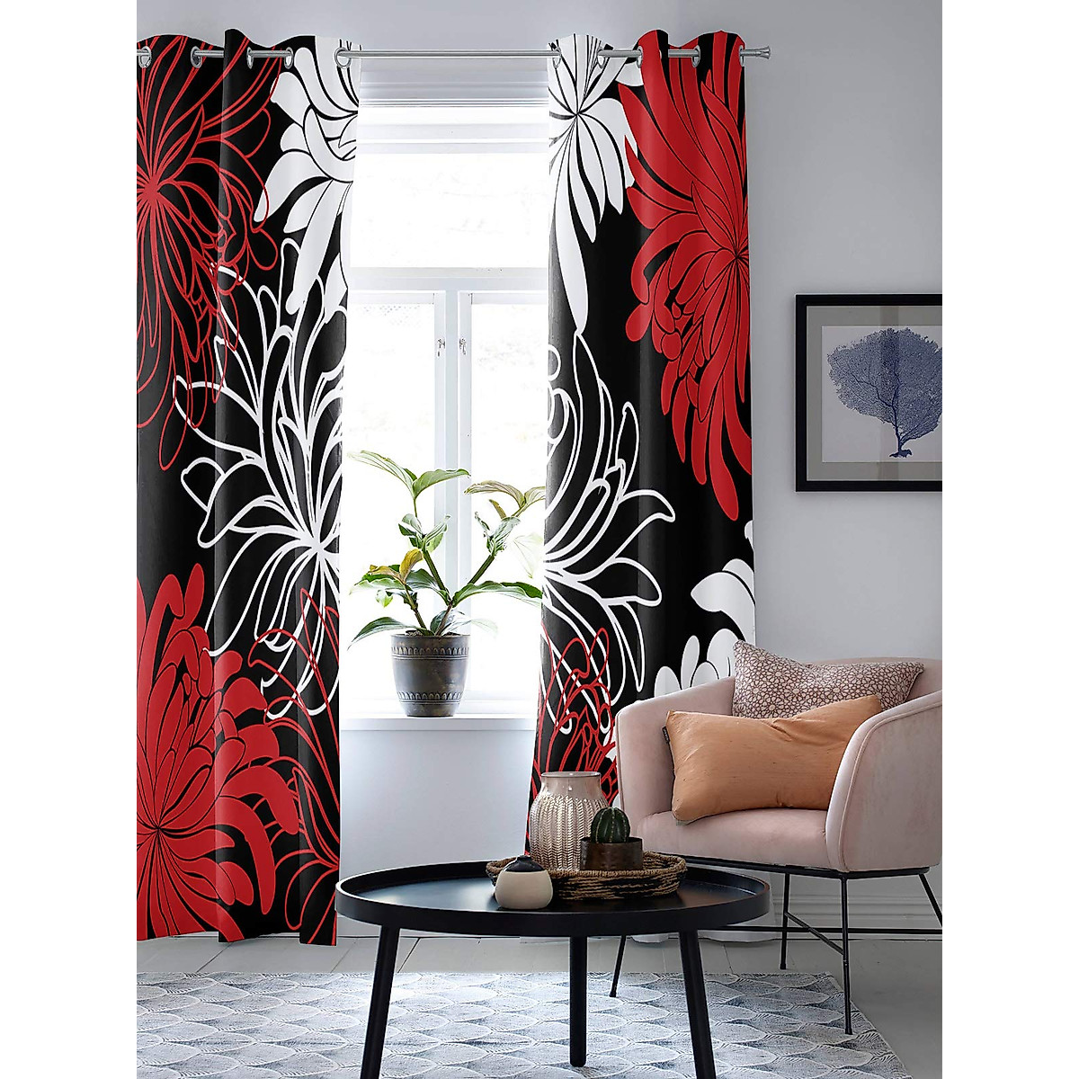 Black Out Window Curtains Floral Printed - 2 Panels Thermal Curtain Drapes Insulated Window Treatments for Bedroom Living Room, W 27.5 x L 39 inches Chrysanthemum Flower Red Black White, One Pair