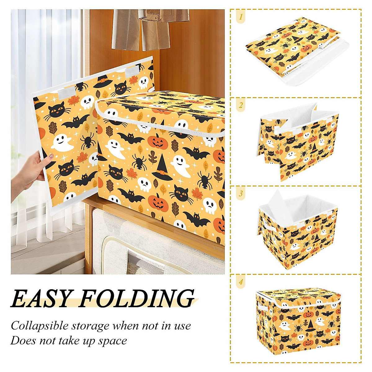 Storage Bins with Lids and Handles, Halloween Seamless Pattern Design with Ghost Skull Pumpkin and Cat Storage Box Storage Basket with Cover Collapsible Organizer Containers for Home