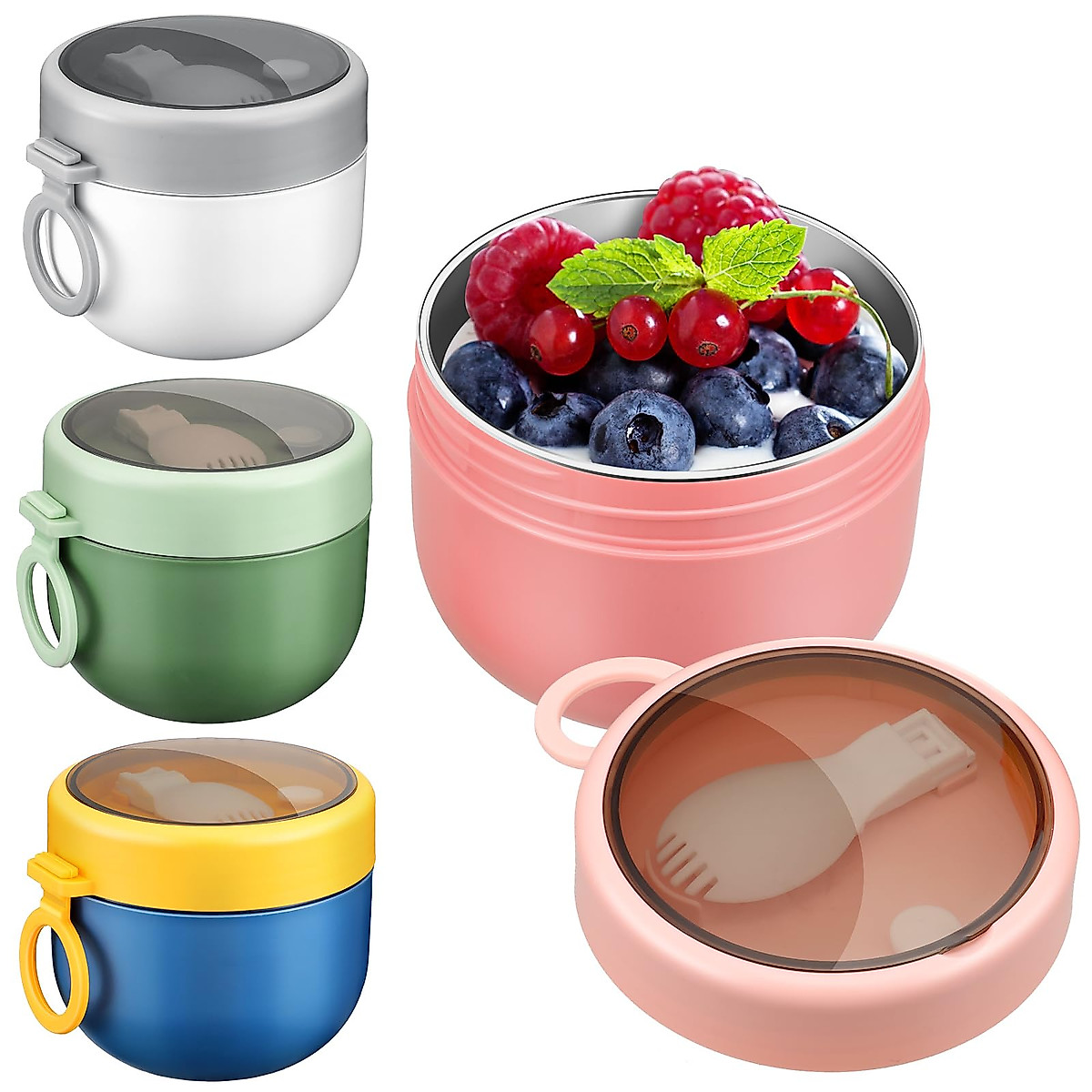 Sunnyray 21 oz Seal Tight Overnight Oats Container with Lid and Spoon Stainless Steel Overnight Oats Jars Reusable Leak Spill Proof Oatmeal Travel Container for Cereal Milk Vegetable Salad (4 Pcs)