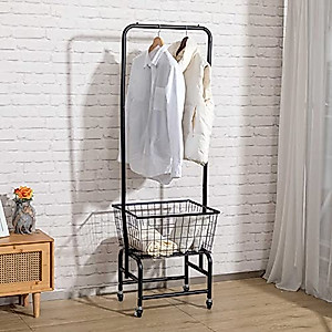 ALIMORDEN Laundry Cart with Clothes Rack, Rolling Laundry Butler with Wire Storage Rack，Black