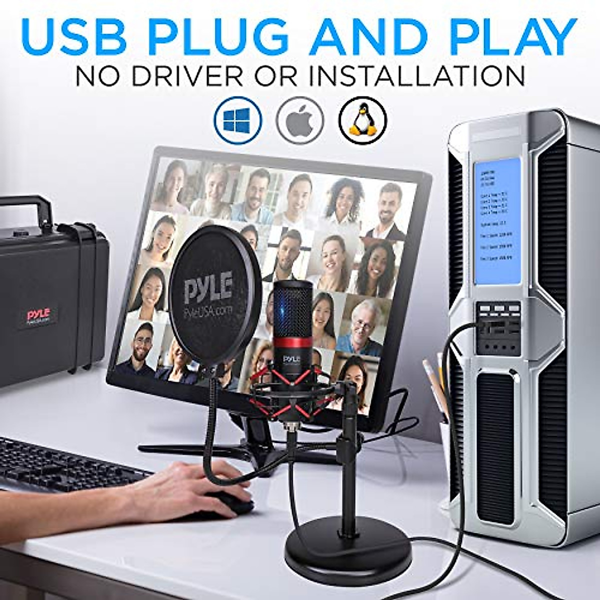 Pyle USB Microphone Podcast Recording Kit - Audio Cardioid Condenser Mic w/Shock Mount Stand & Pop Filter, for Gaming PS4, Streaming, Podcasting, Studio, YouTube, Works w/Windows PC Mac PDMIKT200