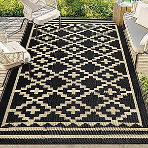 Capslpad Outdoor Rug 4'x6' Waterproof Plastic Straw Patio Rug Reversible Mat UV Resistant Outdoor Area Rug for Patio Backyard Terrace Deck Beach Picnic Balcony BBQ,Black and Beige