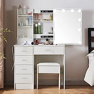 Buildonely Hollywood Makeup Vanity with 6 Drawers and 6 Display Shelves, White Vanity Set with USB Charging Station, Dressing Desk Set with Cushion Stool and Lighted Mirror for Girls and Teens.