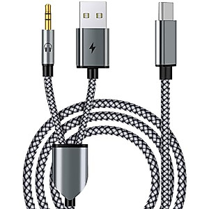 USB C to 3.5mm Car Aux Cable, 2 in 1 USB C to 3.5mm Car Stereo Aux Headphone Jack Cable with USB C Charging Compatible with Galaxy S23/S22 Ultra/S21/S21FE/S20, Google Pixel 7/7Pro/6, iPhone 15/15Pro