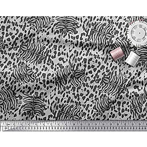 Soimoi Gray Cotton Canvas Fabric Leopard & Tiger Animal Skin Printed Fabric 1 Yard 44 Inch Wide