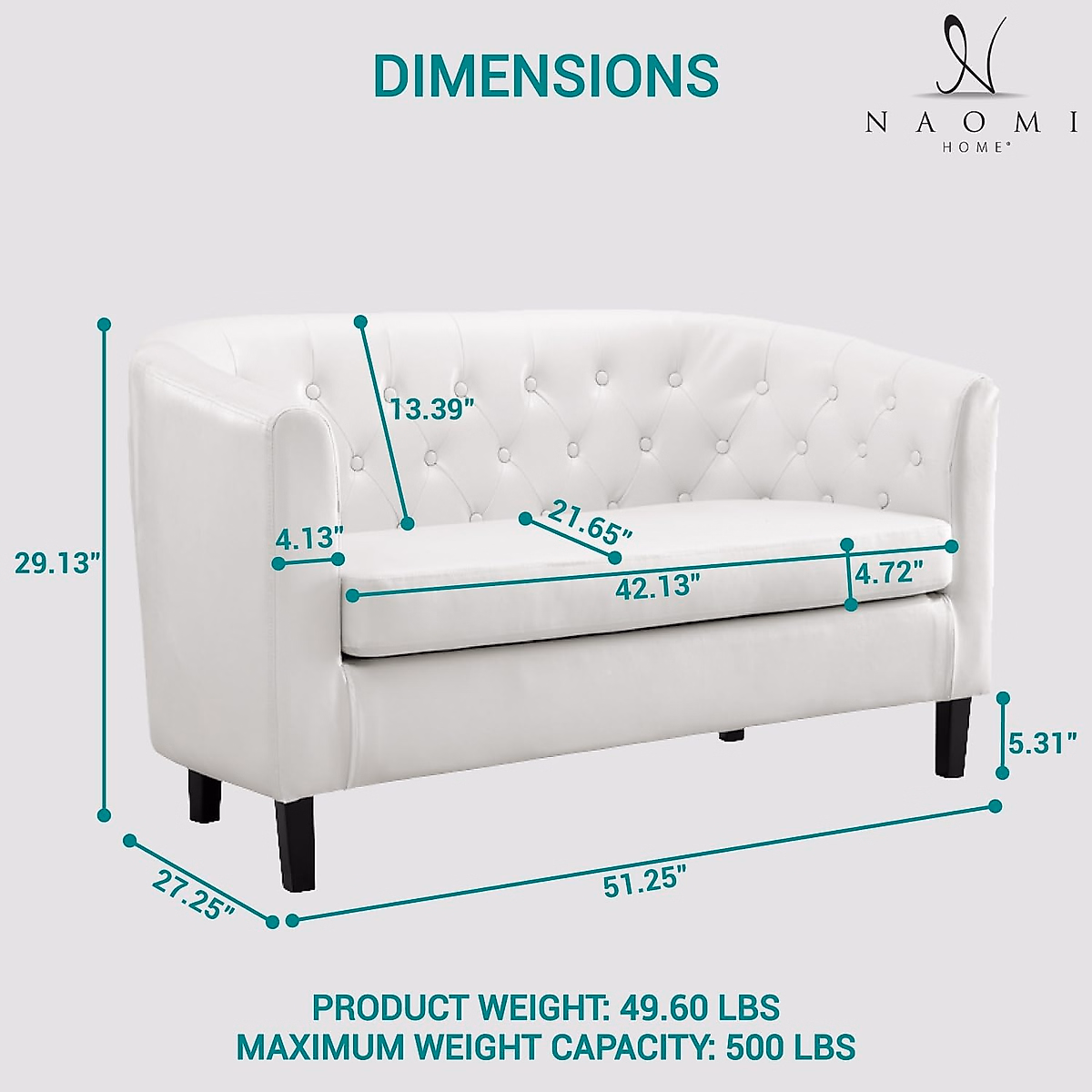 Emma Love Seat, Button Tufted Faux Leather Barrel Loveseat, Midcentury Modern 2 Seater Sofa Couch, Small Loveseat for Small Spaces, Bedrooms, Couches for Living Room, Easy Tool-Free Assembly - White