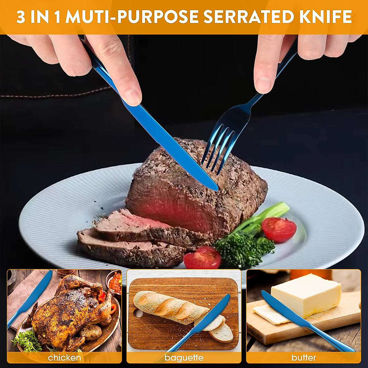 60 PCS Blue Silverware Set with Organizer Tray Service for 12,KITWARE Stainless Steel Flatware Cutlery Set,Mirror Polished Cutlery Utensil Set,Home Kitchen Dinnerware Fork Knife Spoon Set