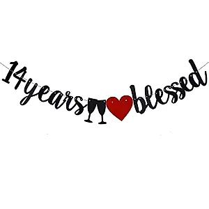 MJJLT 14 Years Blessed Black Paper Sign Banner for Boy/Girl's 14th Birthday Party Supplies, Pre-Strung 14th Wedding Anniversary Party Decorations