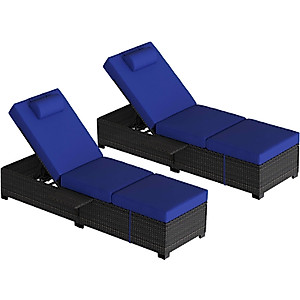 Outdoor Patio Chaise Lounge Chairs Set of 2, Pe Wicker Lounge Chairs with Removable Furniture Cushion, Brown Rattan Reclining Chair Adjustable Backrest, Pool Sunbathing Recliners with Storage Table