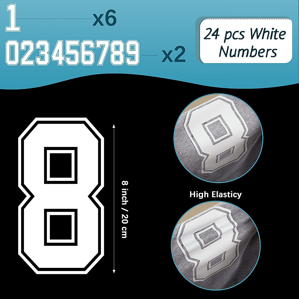WILLBOND 24 Pcs Iron on Numbers, Jersey Heat Transfer Numbers 0 to 9 for Team Uniform Sports T-Shirt Football Basketball Baseball (8 Inch)