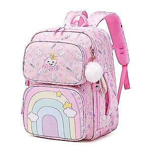 ASKSKY Backpack for Kids, Lightweight Girls Backpack Wide Open School Backpack Watrer Resistant Book Bag for Primary Elementary School,Pink Rainbow