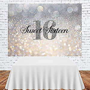 Lofaris Sweet 16 Birthday Party Backdrop Shiny (No Glitter) Silver White Bokeh Golden Spots Princess Sixteen Background Girls 16th Birthday Decorations Cake Table Banner 7x5ft