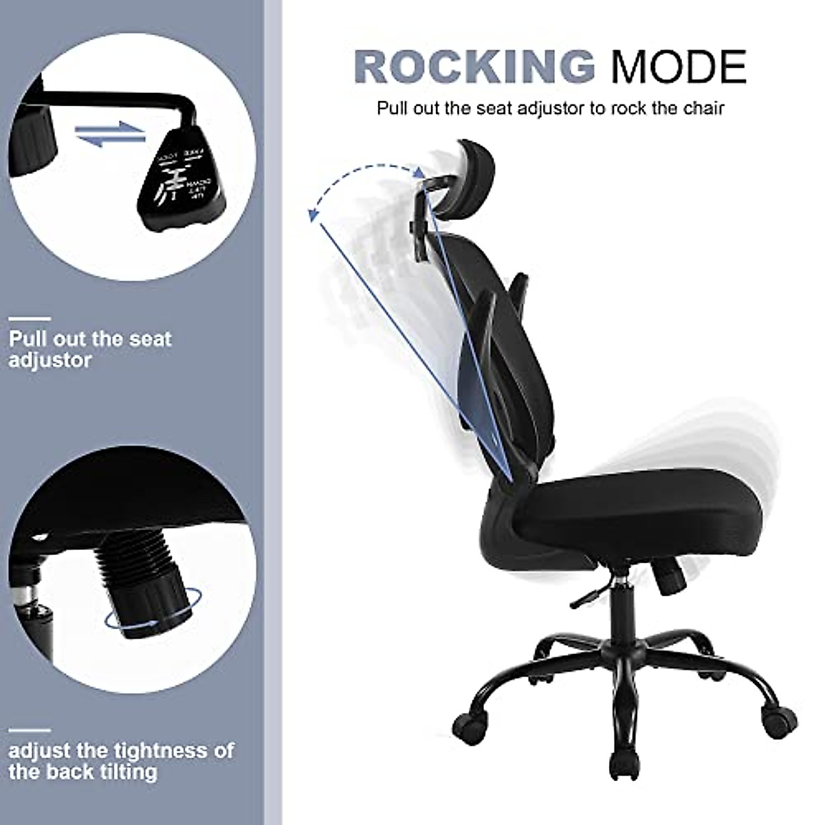 Office Chair Ergonomic Desk Chair Comfort Adjustable Height with Wheels，Lumbar Support Mesh Swivel Computer Home Office Study Task Chair Black