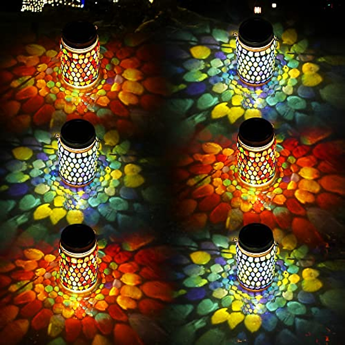 Zhehao 6 Pieces Outdoor Lanterns Waterproof Solar Powered Mosaic Lights Christmas Garden Lanterns Solar Mosaic Lamp Lanterns for Christmas Holiday Garden Yard Patio Pathway Decoration, Blue, Red