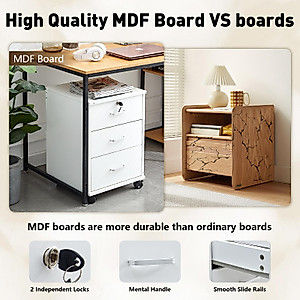 TUKAILAi Mobile File Cabinet with 3 Drawers, Under Desk Rolling Filing Cabinet with 4 Wheels for Letter/Legal / A4 Size, Wooden Stationery Storage Cabinet for Home Office (White)