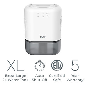 Pure Enrichment® PureDry™ Elite Dehumidifier – Extra-Large 2L Water Tank with Auto Shut-Off, Removes 20 oz. (600 mL) per day of Moisture from Closets, Bathrooms, RVs, Basements, Bedrooms, and Offices
