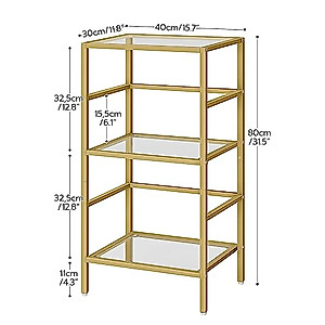 HOOBRO 3-Tier Bookcase, Tempered Glass Bookshelves, Record Storage Rack with Side Fence, Gold Bookshelf, Slim Shelving Unit for for Living Room, Bedroom, Home Office, Gold GD81CJ01