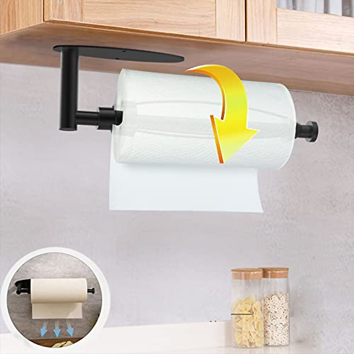 Paper Towel Holder Under Cabinet Wall Mount Paper Towel Holders with Damping Black Stainless Steel Kitchen Under Counter Hanging Paper Towels Rack with Self-Adhesive and Screws