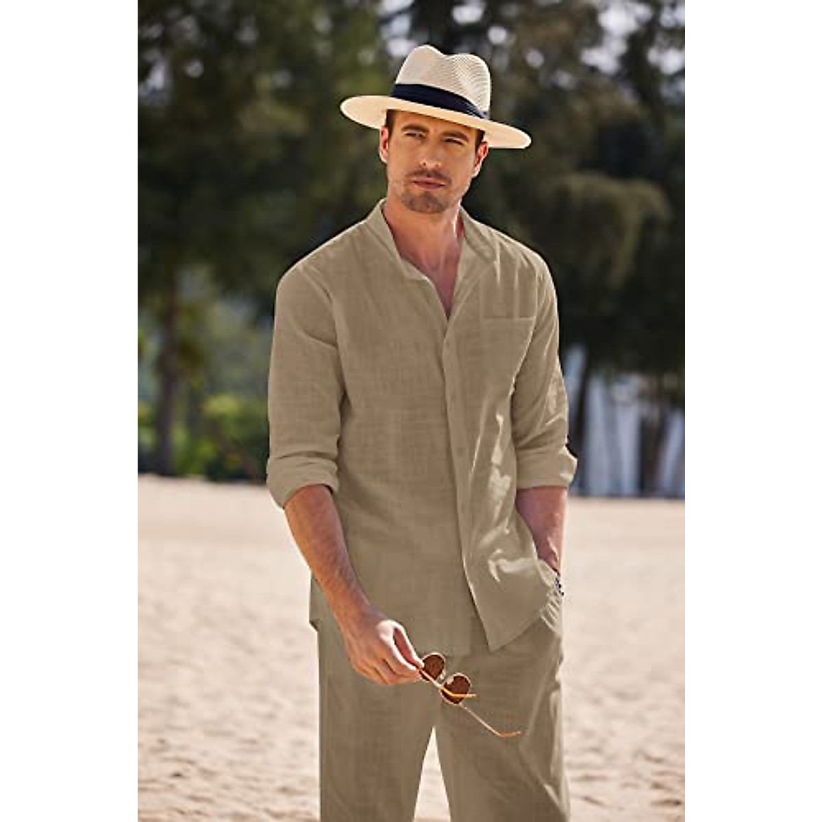 COOFANDY Linen Suits For Men 2 Piece Beach Button Down Shirt Casual Loose Pant Sets Mens Linen Beach Shirt (Khaki XL)
