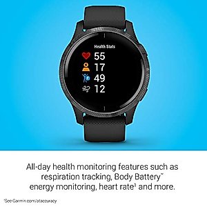 Garmin 010-02173-11 Venu, GPS Smartwatch with Bright Touchscreen Display, Features Music, Body Energy Monitoring, Animated Workouts, Pulse Ox Sensor and More, Black