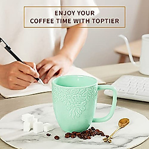 toptier Coffee Mugs Set of 4, 16 Ounce Ceramic Mug Coffee Mugs with Large Handle for Men, Women, Leaf Design Coffee Cups Gift for Coffee, Tea, Milk, Cocoa, Cereal, Green