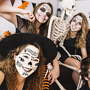 8 Pack Day of The Dead Sugar Skull Face Temporary Tattoo Halloween Makeup Tattoo Stickers for Halloween Masquerade Party