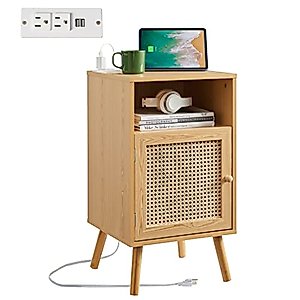 GTOLV Rattan Nightstand with Charging Station, Boho End Table with Handmade Rattan Decorated Door and Pine Legs for Bedroom, Living Room
