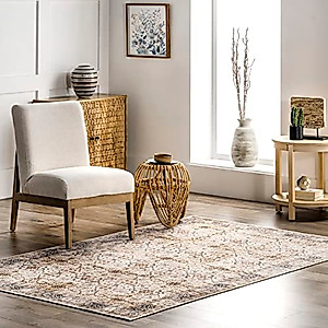 nuLOOM Annelle Floral Border Machine Washable Ultra Thin Area Rug, 5' x 8', Beige