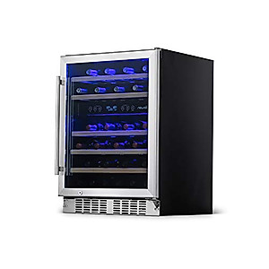 NewAir 24” 46 Wine Bottle Cooler | Dual Zone Cooling 40-66 Degrees Wine Fridge | Stainless Steel With Quiet Compressor And Removable Beech Wood Shelves NWC046SS01
