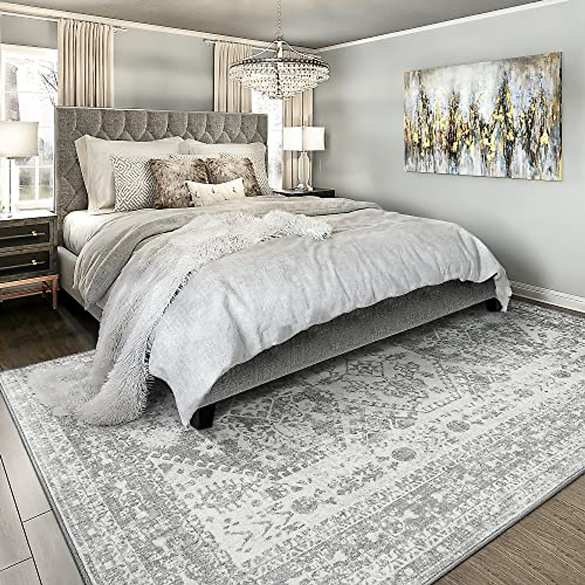 BEIMO Area Rugs for Living Room 8x10 Machine Washable Bedroom Rugs Distressed Vintage Print Gray Large Throw Rug Dining Room Aesthetic, Non Slip Carpet with Gripper