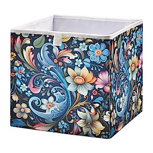 Haskirky Colorful Flowers Foldable Collapsible Storage Box Bins,11x11x11 Inch Cubes Baskets Fabric Storage Bins with Handles for Shelves Nursery Closet Home Decor