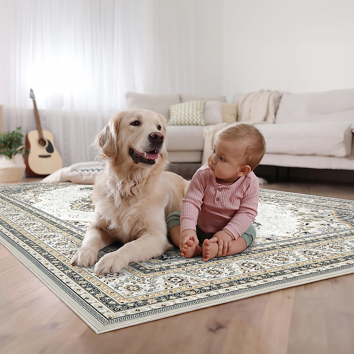 Aelenmu Washable Rugs for Living Room: 9x12 Area Low Pile Soft Rug with Non-Slip Backing Non-Shedding, Medallion Floor Carpet Bedroom Dining Room Nursery Home Office-Beige