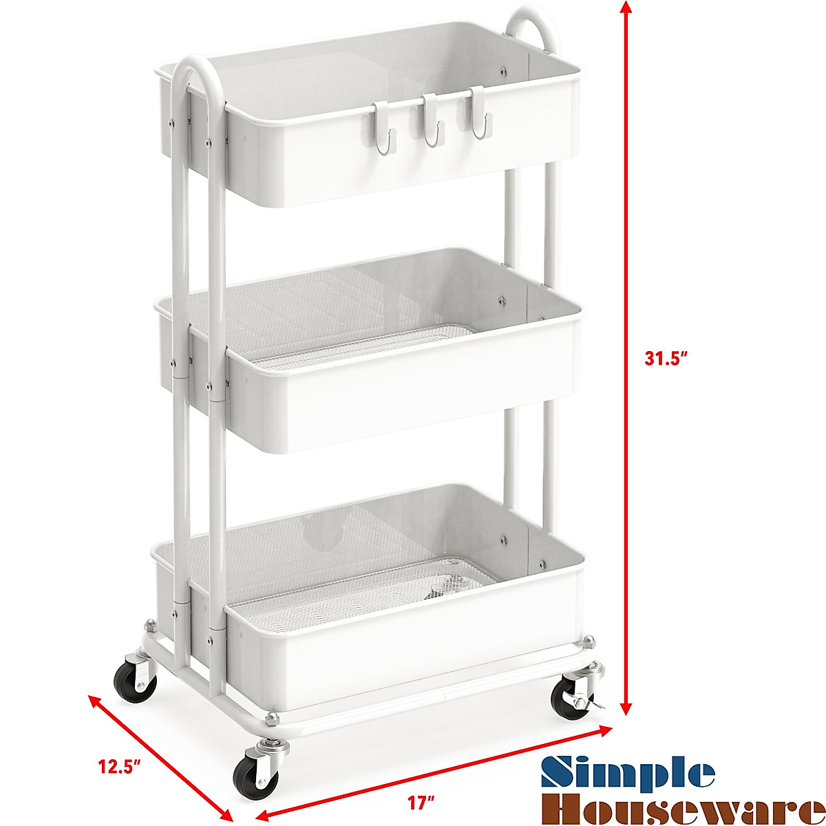 SimpleHouseware Heavy Duty 3-Tier Metal Utility Rolling Cart, White