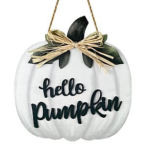 Fall Door Decor Thanksgiving Hello Pumpkin Door Sign Fall Door Wreath with Bow Fall Decorations for Home Wooden Autumn Wreath Pumpkin Wall Decor Fall Porch Decor for Fall Farmhouse Indoor Decor White