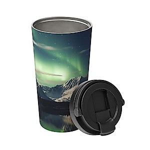 GTKSYNVE Reusable Coffee Mug with Lid and Handle, Northern Aurora Night Tumbler for Hot & Cold Drinks 16oz Stainless Steel Insulated Coffee Tumblers Double Wall Vacuum Thermal Cup