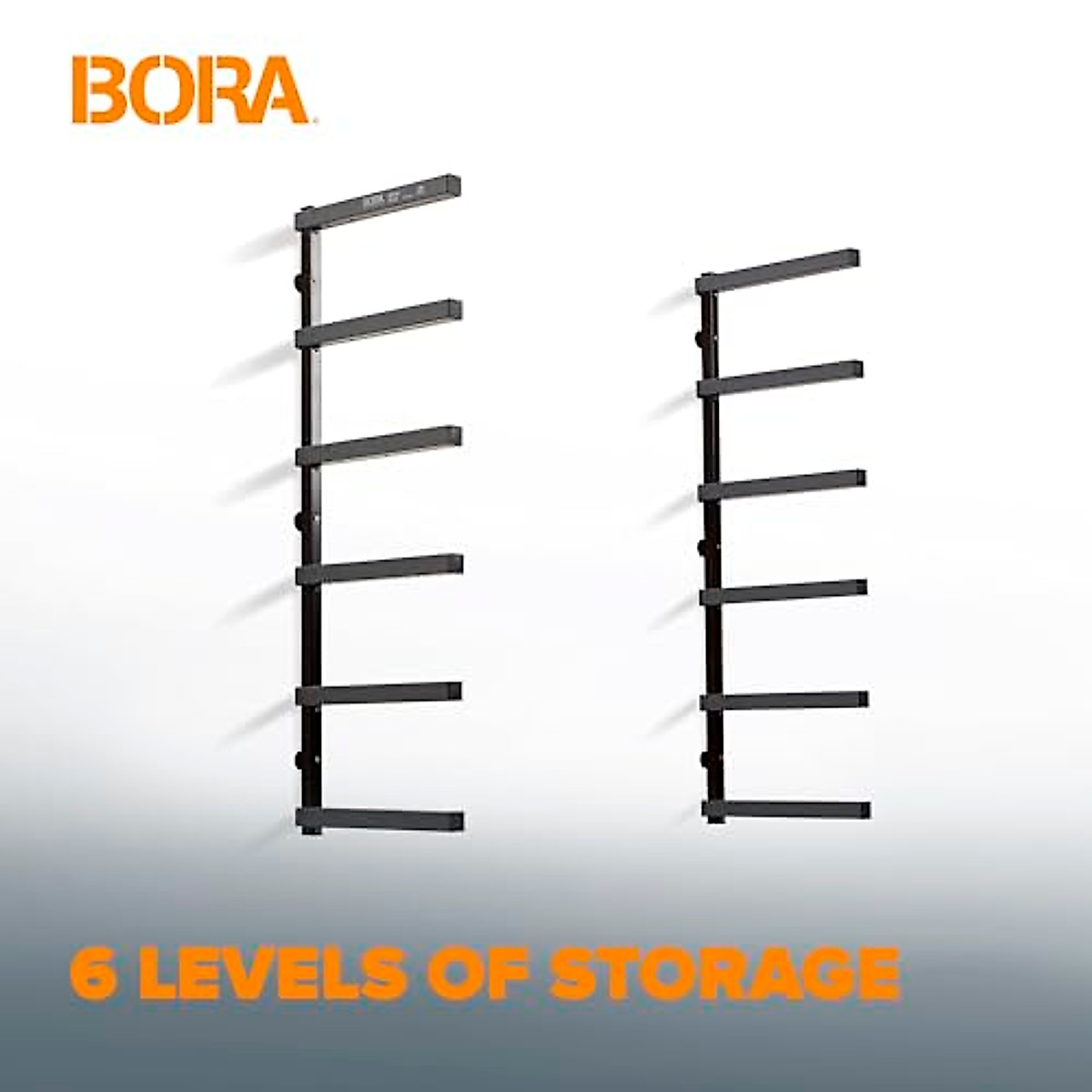 Bora Portamate Wood Organizer and Lumber Storage Metal Rack with 6-Level Wall Mount – Indoor and Outdoor Use, BR-006B, Black