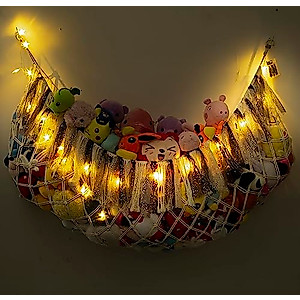 Large Stuffed Animal Net or Hammock with Light Wall Hanging Organizer for Kid Room Toy Storage Net Bedroom Playroom Plush Toy Holder-Cream
